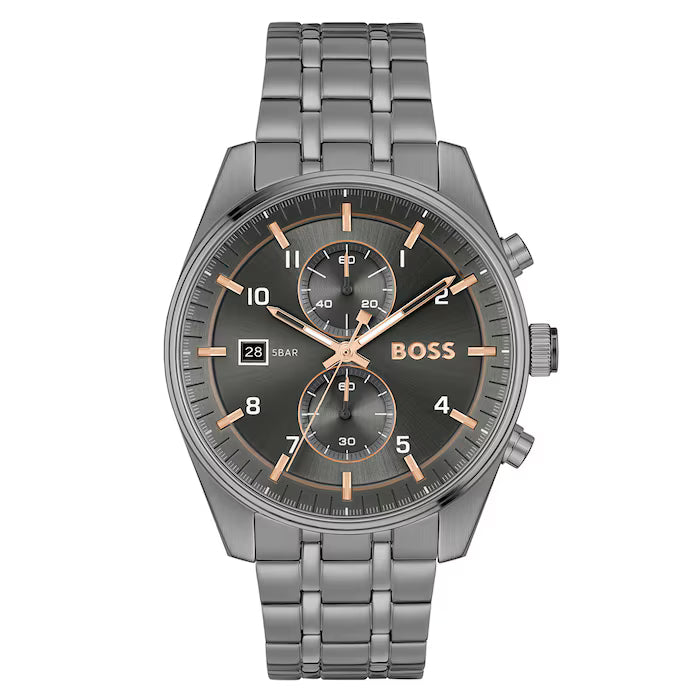Hugo Boss Silver and Grey Skytraveller Round Gents Chronograph IP ...